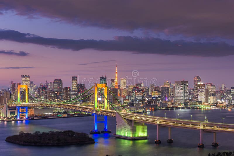 Tokyo, Japan Skyline Panorama with Rainbow Bridge and Tokyo Tower Stock ...