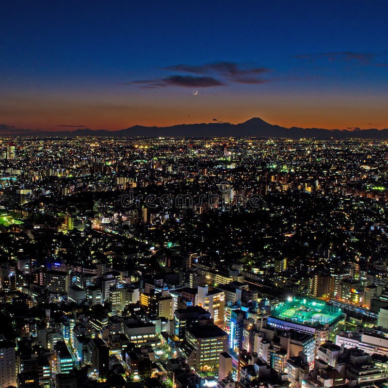 Tokyo and the Mount Fuji at Night Stock Image - Image of blue, moon ...