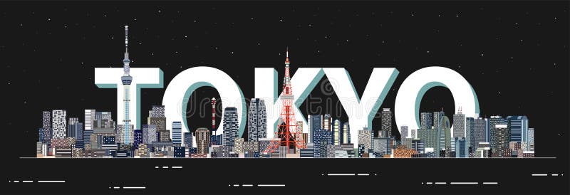 Tokyo at Night Skyline Vector Illustration with the Big Letters on the ...