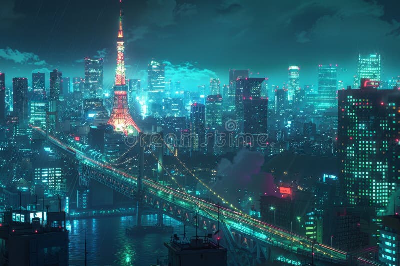 Tokyo Skyline at Night with Illuminated Tower and Bridge, Experiment ...