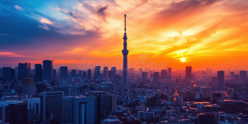 Tokyo Skyline at Sunset Featuring Tokyo Skytree and Vibrant Cloud ...