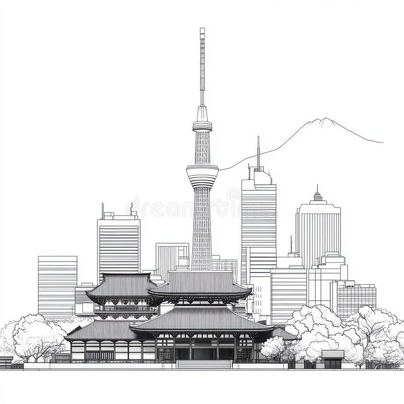 Tokyo Skyline Temple Tower Cityscape Stock Illustration - Illustration ...