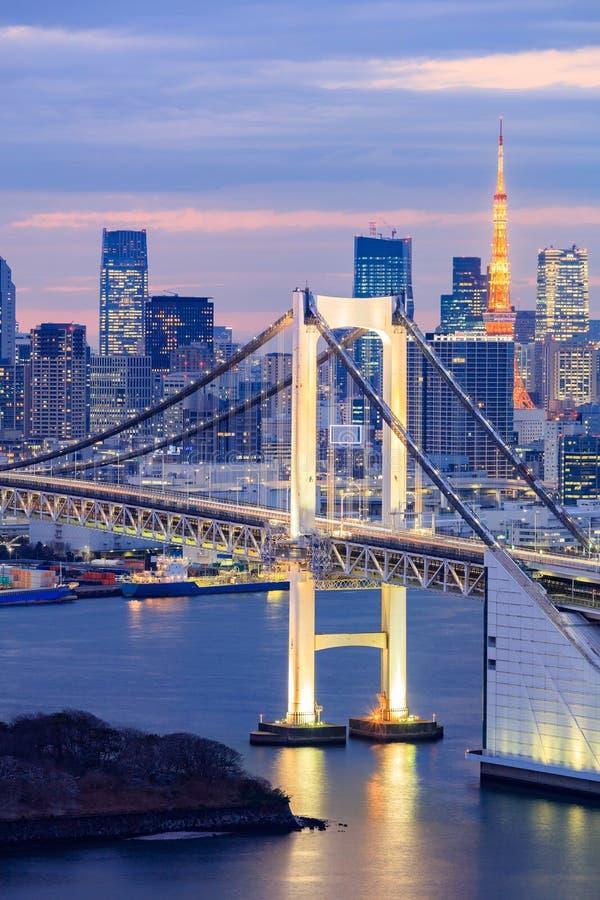 Tokyo Skyline with Tokyo Tower and Rainbow Bridge Stock Image - Image ...