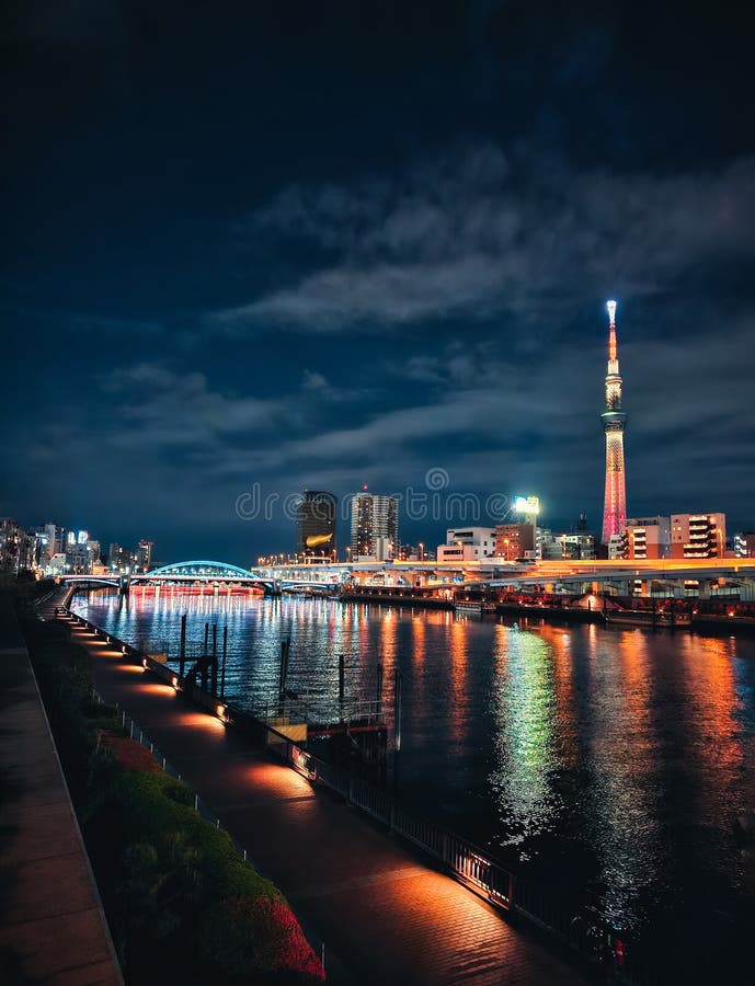 Tokyo Tower at Night Over the Water Stock Image - Image of tourism ...