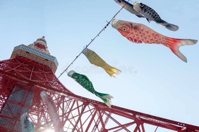 Tokyo Tower Red Structure with Some Koi Fish Kites Blowing in the Wind ...