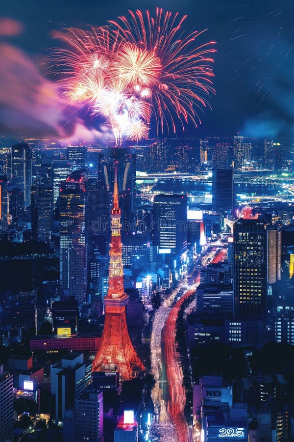 Tokyo Tower Shining during a Fireworks Display for New Year ...