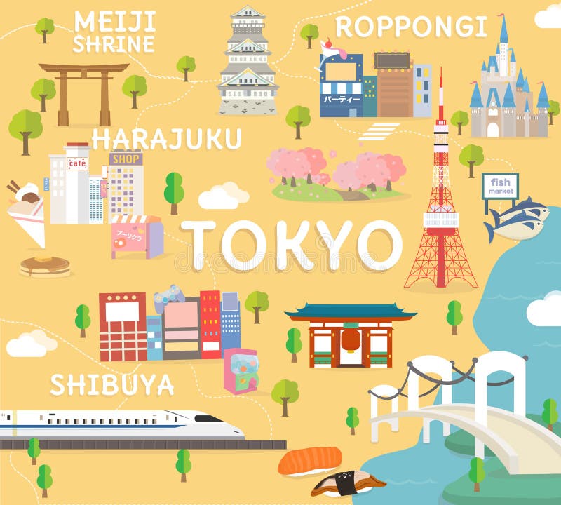 Tokyo Travel Map in Flat Illustration. Stock Vector - Illustration of ...