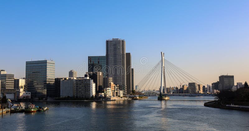 Tokyo Under Blue Sky with Bridges and Sumida River Stock Photo - Image ...