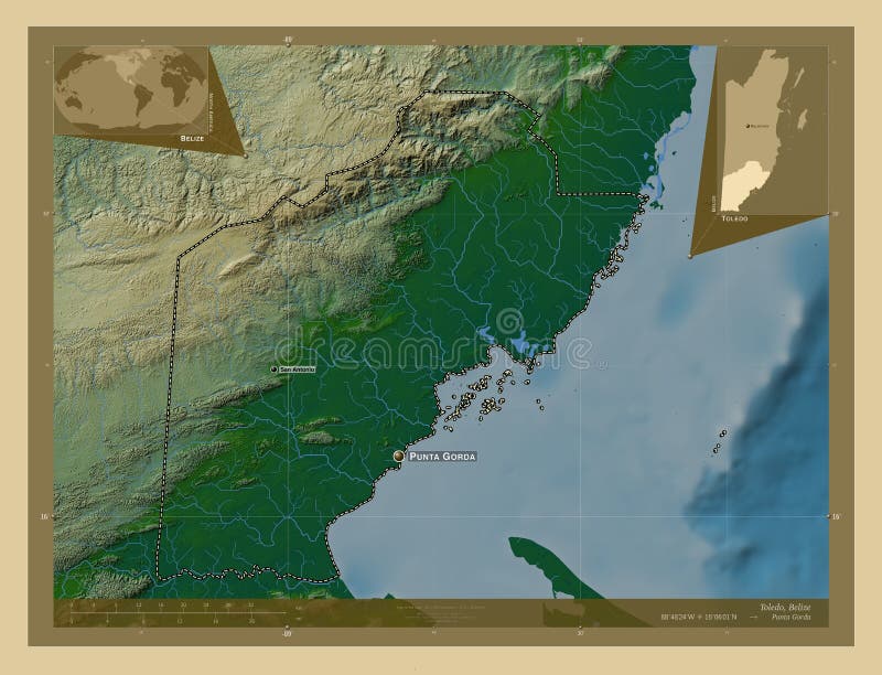 Toledo, Belize. Physical. Labelled Points of Cities Stock Image - Image ...