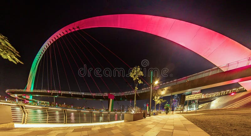 Tolerance Bridge Dubai Illuminated at Night Stock Image - Image of ...
