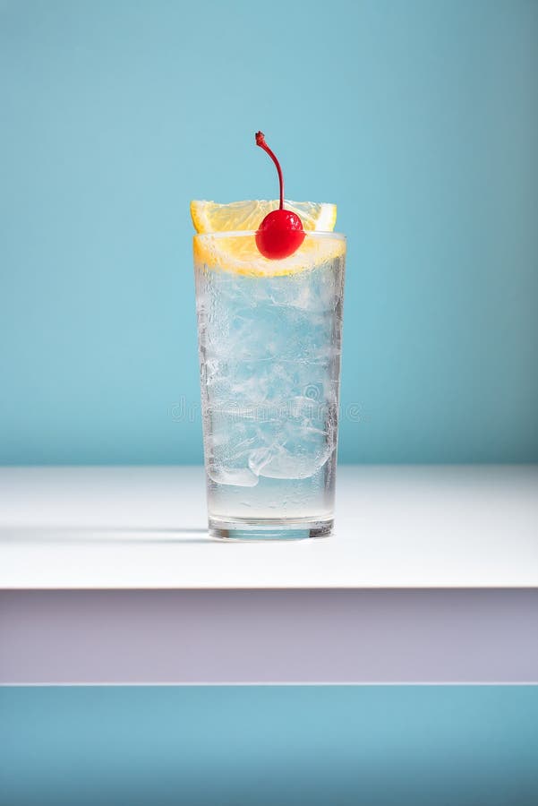 Tom Collins Cocktail on White Table Against Blue Background. Stock ...