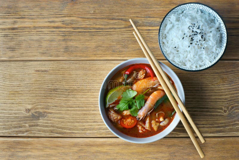 Tom Yam with Rice on a Wooden Background Stock Image - Image of cooked ...