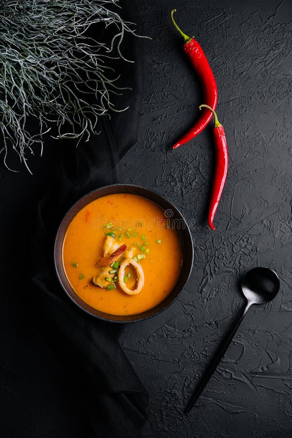Tom Yam Seafood Soup from Above on Black Stone Stock Image - Image of ...