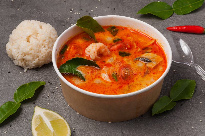Tom Yam Soup in a Craft Bowl with Rice Stock Photo - Image of chili ...