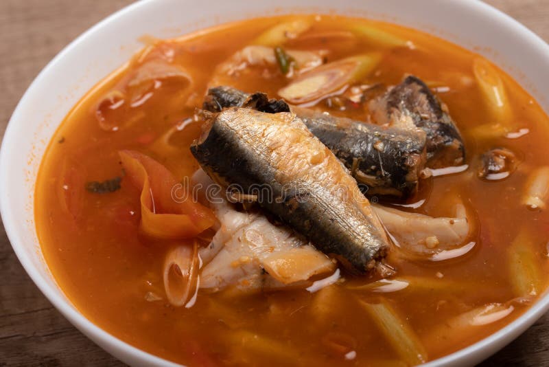 Tom Yum Canned Fish in a Cup. Spicy Soup Stock Photo - Image of ...