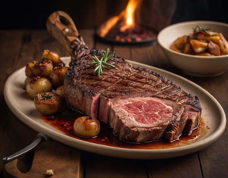Tomahawk Steak in Plate, Medium Rare, Low Key Photo Stock Illustration ...
