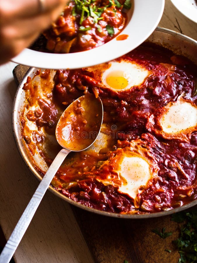 Pan of Shakshuka Middle Eastern Dish with Bread Stock Photo - Image of ...