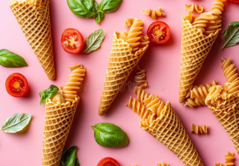 Tomato and Basil Ice Cream Cones Decorated with Pasta Stock Image ...