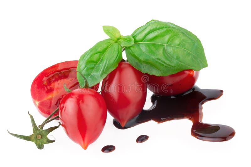 Tomato with Basil Leaf and Balsamic Over White Stock Image - Image of ...