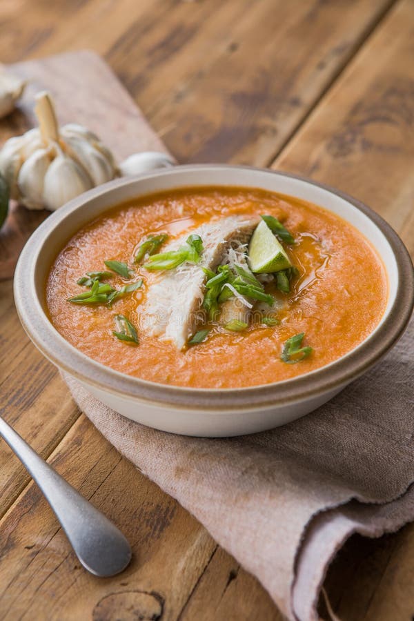 Tomato Bisque Soup with Cream and Fish Stock Photo - Image of seafood ...