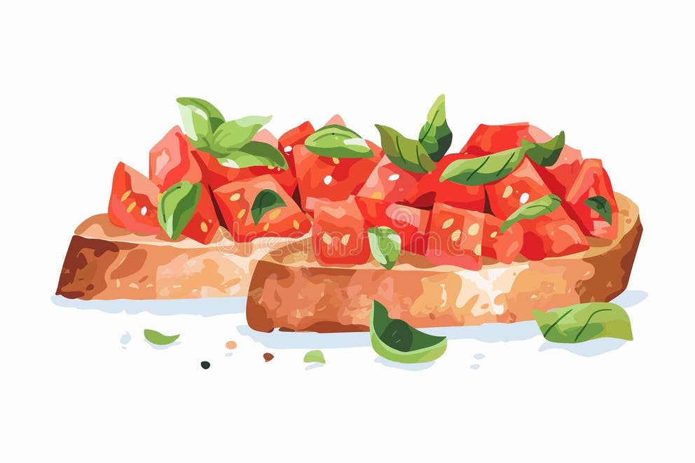 Tomato Bruschetta with Basil Drizzle Isolated Illustration Stock ...