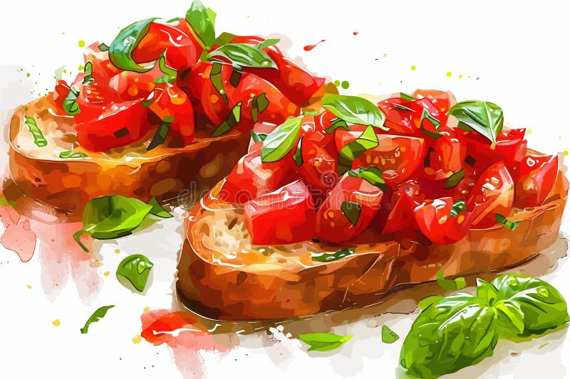 Tomato Bruschetta with Basil Drizzle Isolated Illustration Stock ...