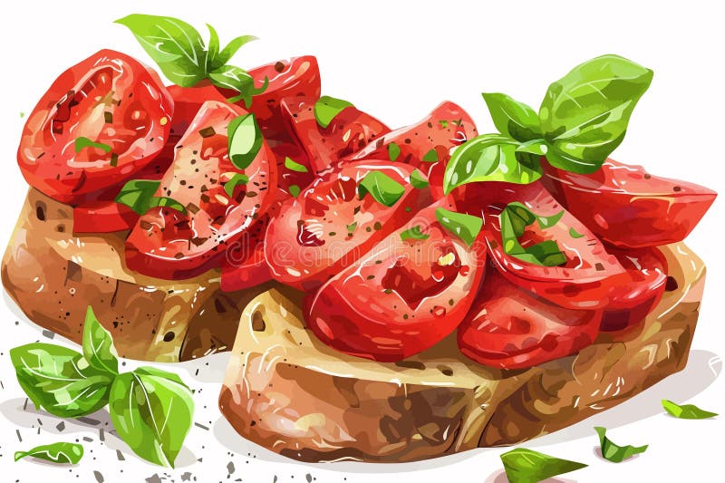 Tomato Bruschetta with Basil Drizzle Isolated Illustration Stock ...