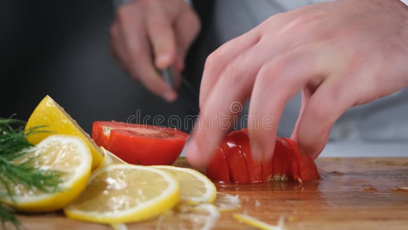 Chef chopping tomato stock video. Video of ingredient - 266864563