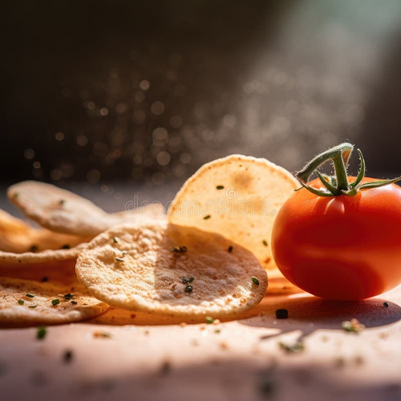 A Tomato and Chips on a Table, AI Stock Image - Image of meat, wood ...
