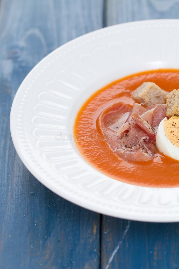 Tomato Cold Soup with Egg and Jamon Stock Photo - Image of meal ...