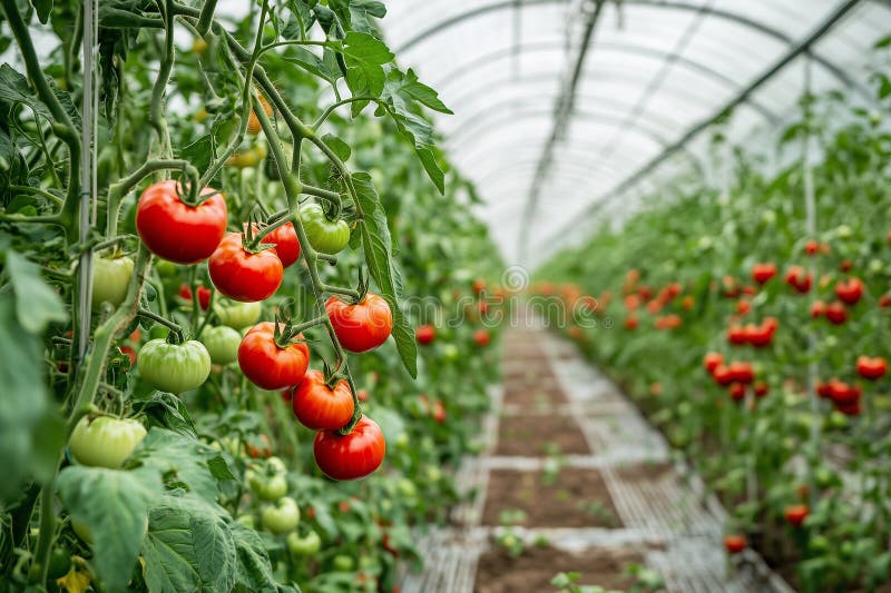 Tomato Cultivation Inside a Greenhouse, with Rows of Healthy Plants ...