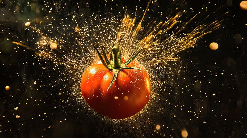 Tomato Exploding Like Fireworks with Seed Trails Against Night Sky ...