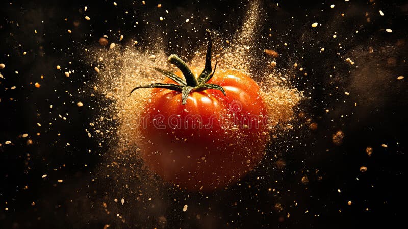 Tomato Exploding Like Fireworks with Seed Trails Against Night Sky ...