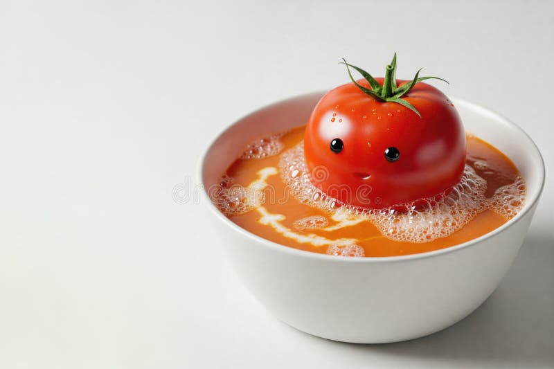 A Tomato with Eyes Splashes in the Soup. Space for Text. Stock Image ...