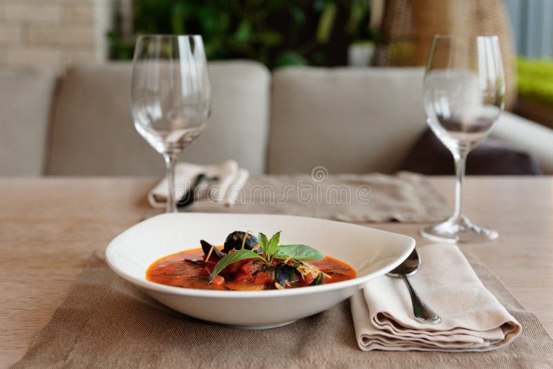 Tomato Fish Soup on Table, Place Setting Stock Image - Image of ...
