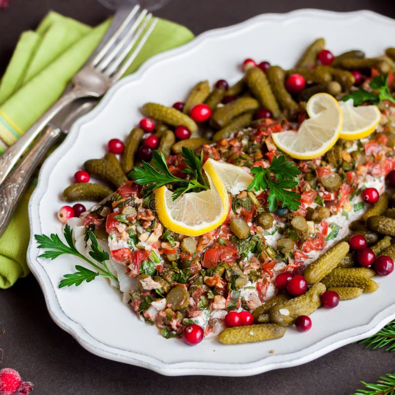 Tomato, Herb, Nut and Gherkin Cod Fish Stock Image - Image of onion ...