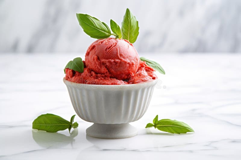 Tomato Ice Cream with Basil Leaves on a White Marble Surface Stock ...