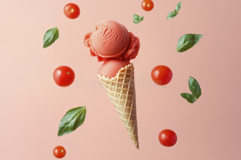Tomato Ice Cream Cone Surrounded by Basil Leaves and Cherry Tomatoes on ...