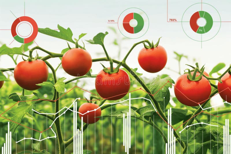 Tomato Plants with Data Analytics Visualization in a Greenhouse. Stock ...