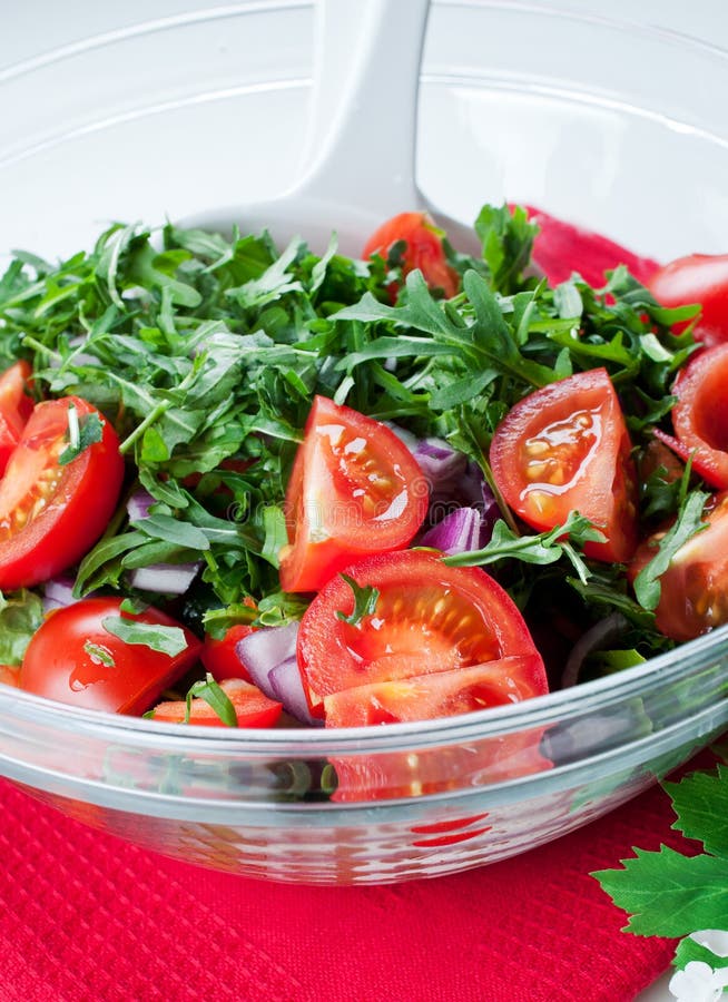 Tomato Salad with Ruccola and Onion Stock Photo - Image of lettuce ...