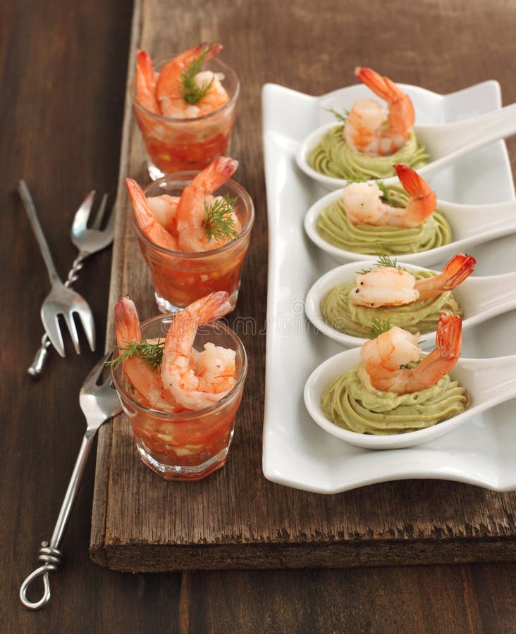 Tomato Salsa with Shrimp and Avocado Cream and Shrimp in Spoon Stock ...