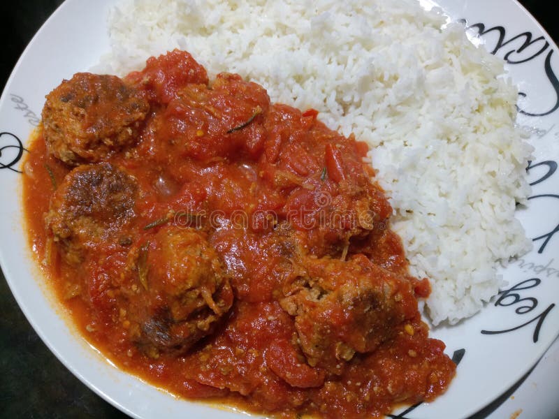 Plate of Cooked Meatballs and White Rice Stock Image - Image of cooked ...