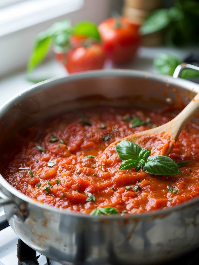 Tomato Sauce Simmering in Pan with Basil and Wooden Spoon. Stock Image ...