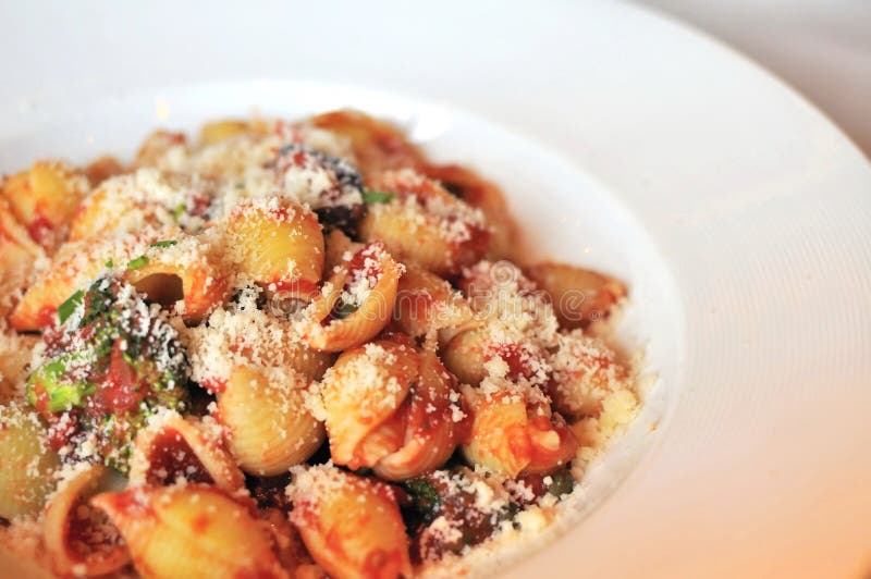 Tomato Seashell Pasta with Shredded Cheese Stock Photo - Image of tasty ...
