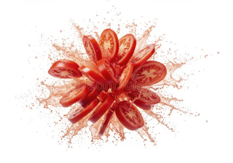 Tomato Slices Exploding with Juice on White Background Stock ...