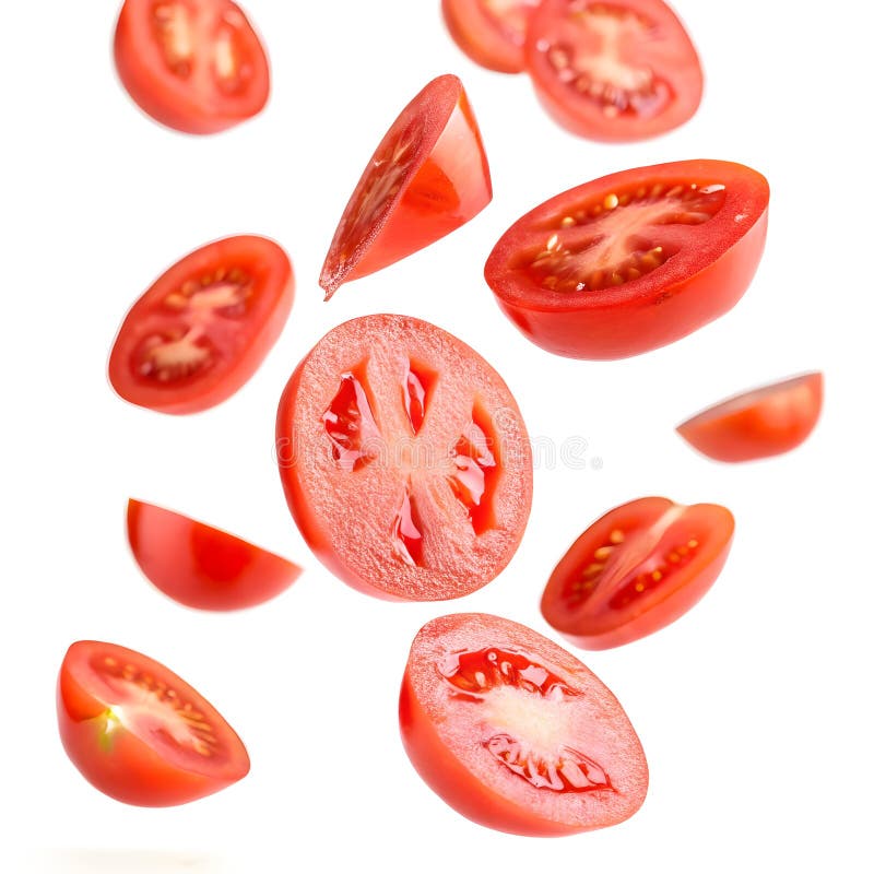 Tomato Slices Floating and Falling Isolated on White Background Stock ...