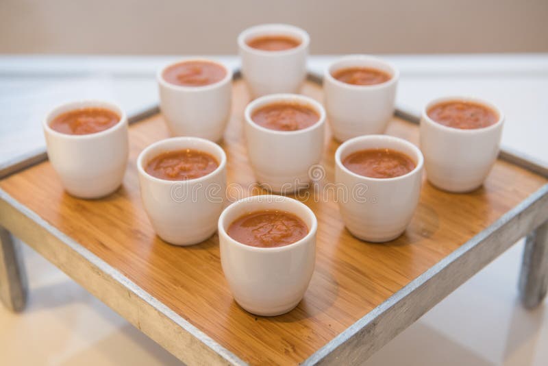 Tomato Soup Snacks on Wooden Plate on Even Catering Table. Stock Photo ...