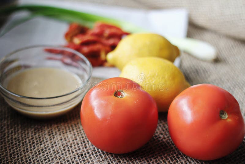Tomato Tahini Ingredients stock photo. Image of nutrition - 73882484