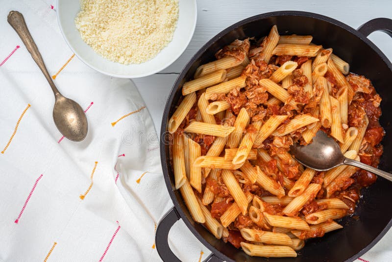 Tomato and Tuna Fish Pasta with Parmesan Stock Photo - Image of italian ...