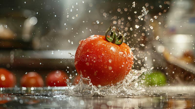 Tomato with Water Splash on Kitchen Counter. Stock Image - Image of ...